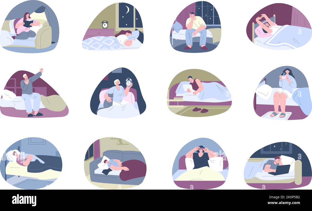 People sleep and reading in bed. Tired office characters, man work at ...