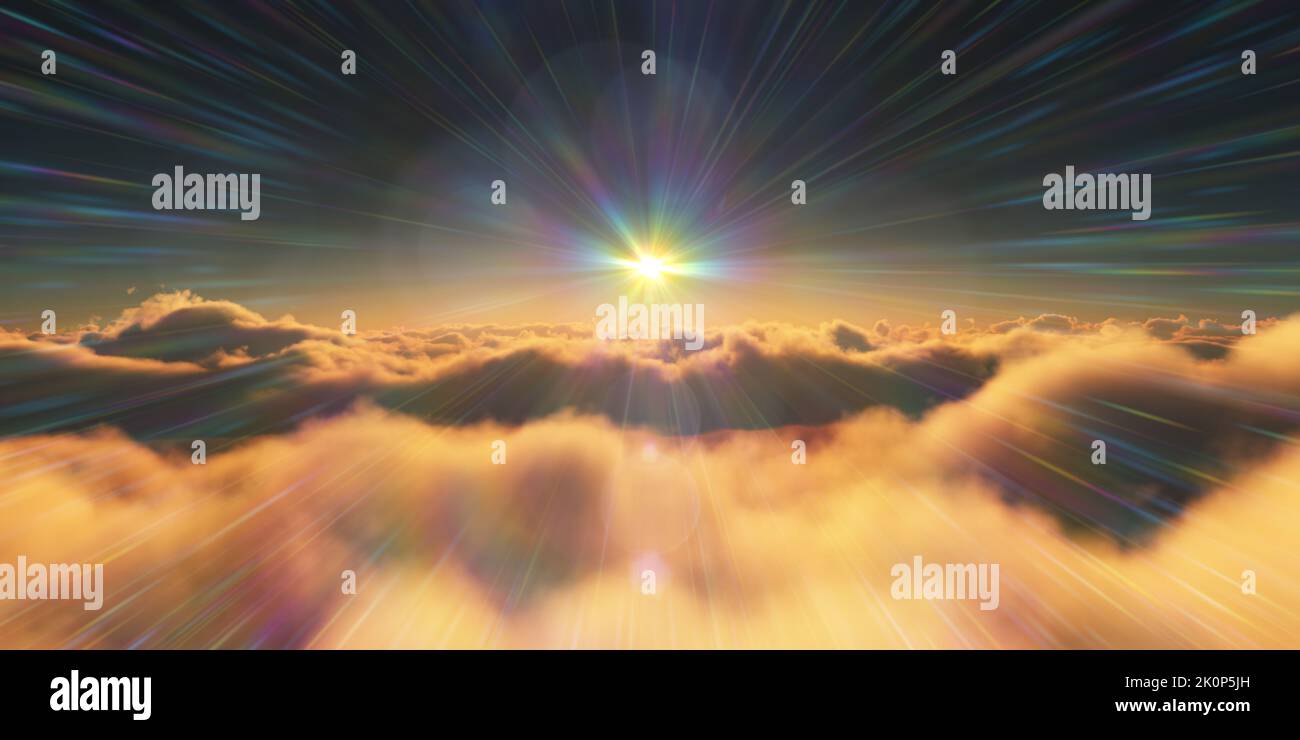 above clouds sunrise sun ray illustration, 3d rendering Stock Photo - Alamy