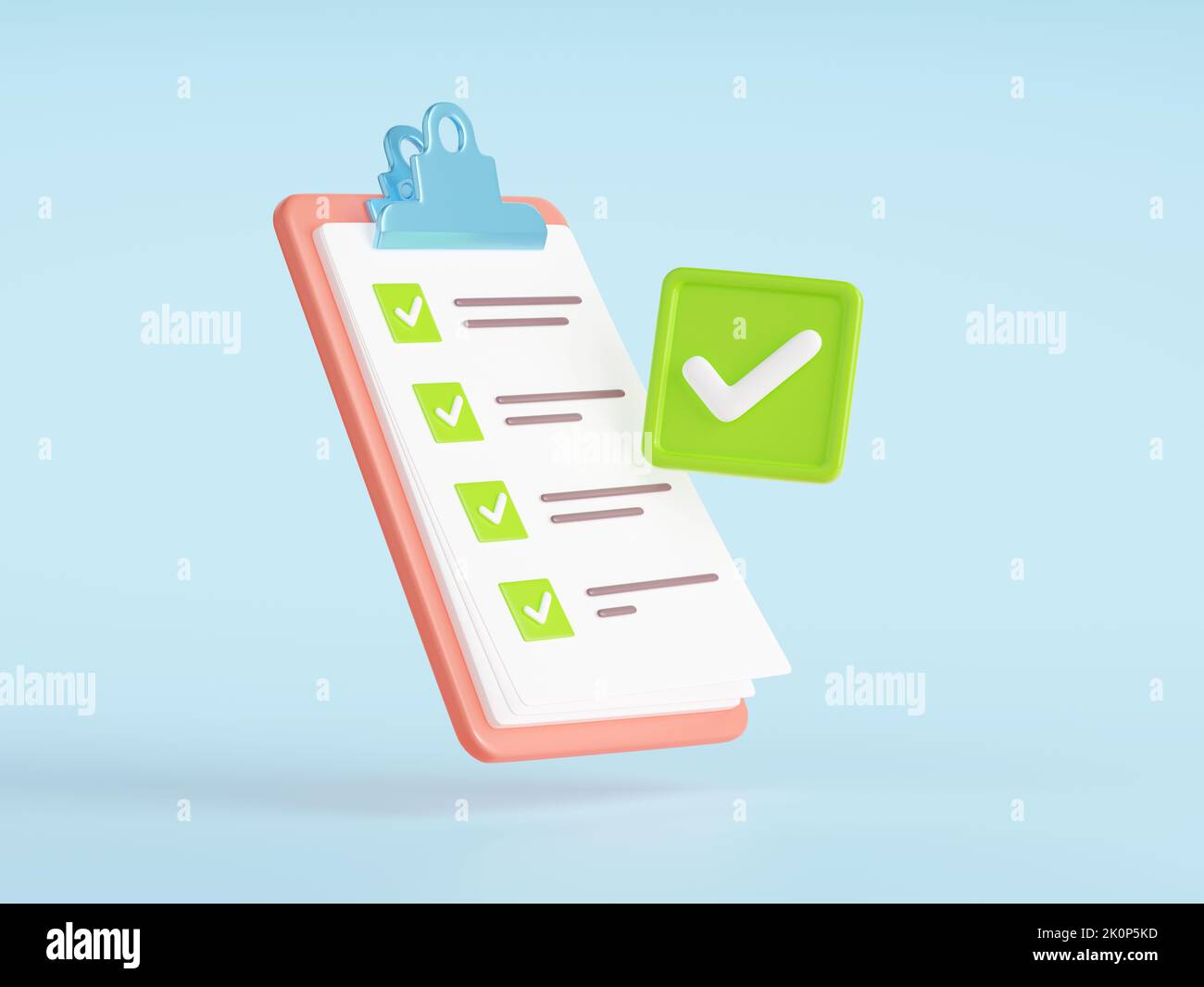 3D illustration of clipboard with todo checklist paper and green tick. Design of pink notepad ...