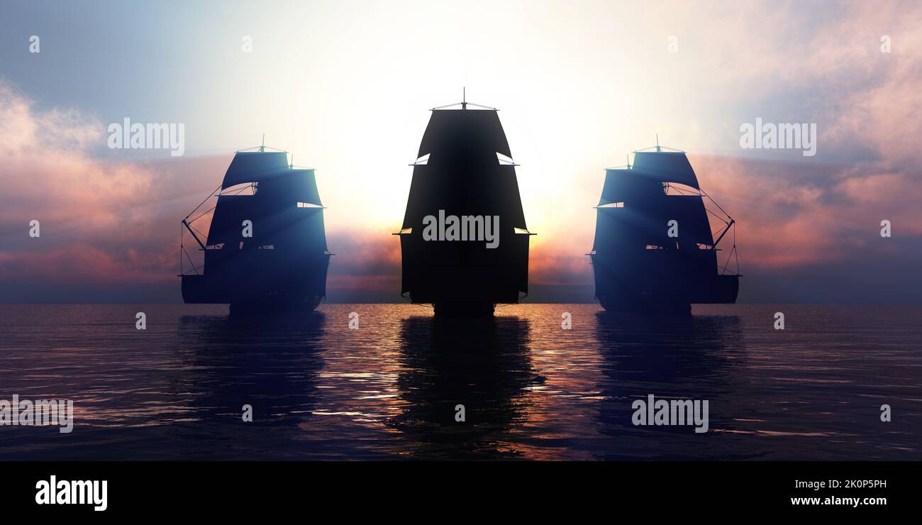 old three ships sunset at sea, 3d rendering illustration Stock Photo ...