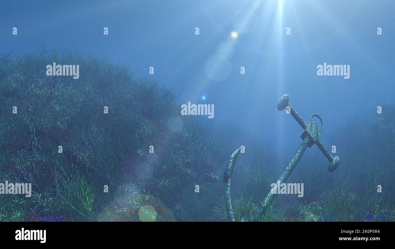 anchor under water sun ray illustration 3d rendering Stock Photo - Alamy