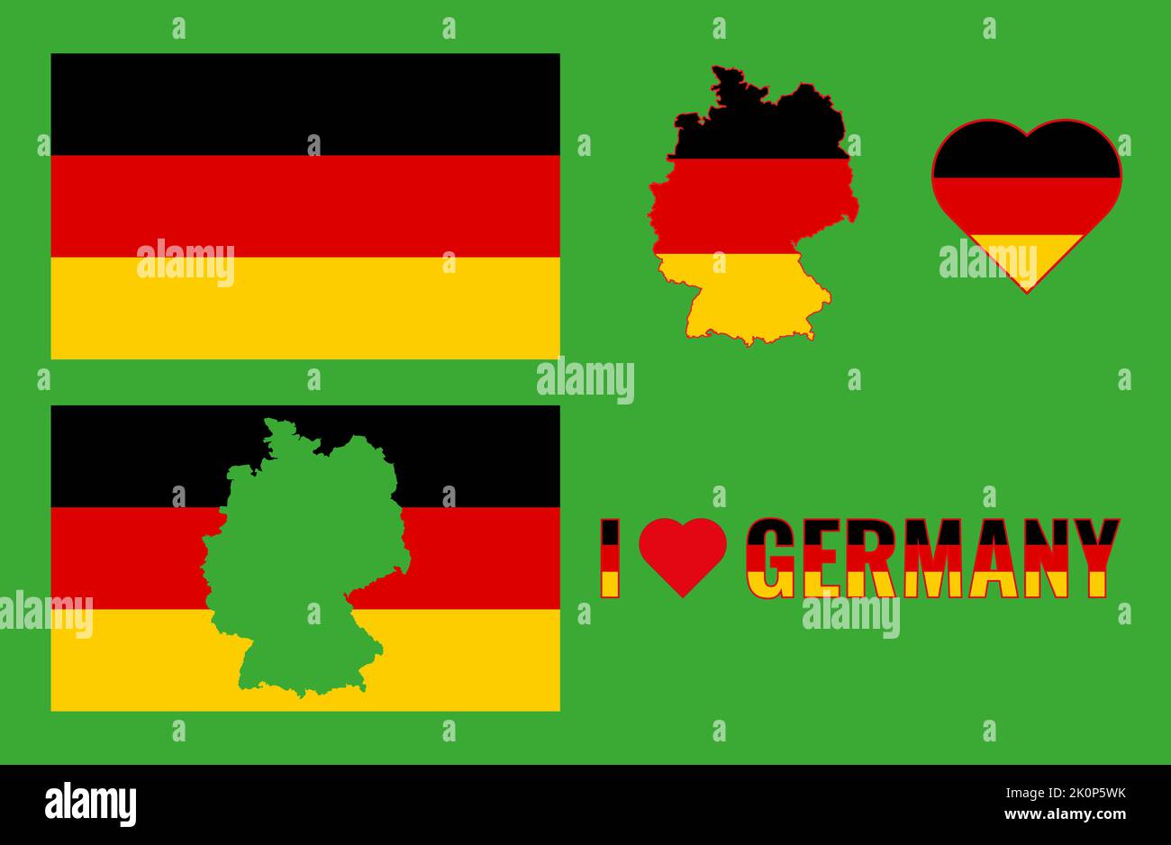 Set of vector illustrations with german flag, country outline map and ...