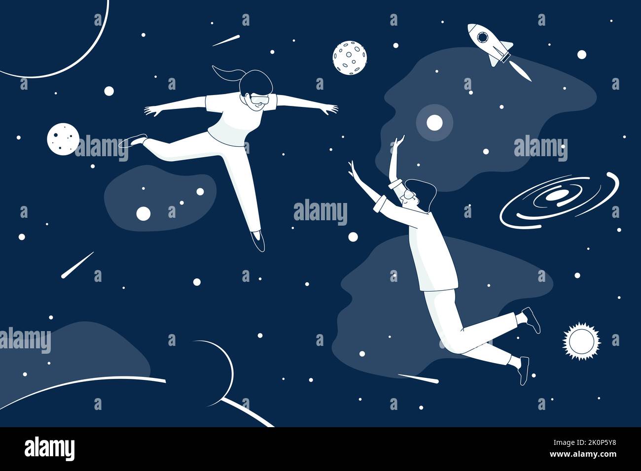 Two people in vr glasses flying in universe with planets and stars ...