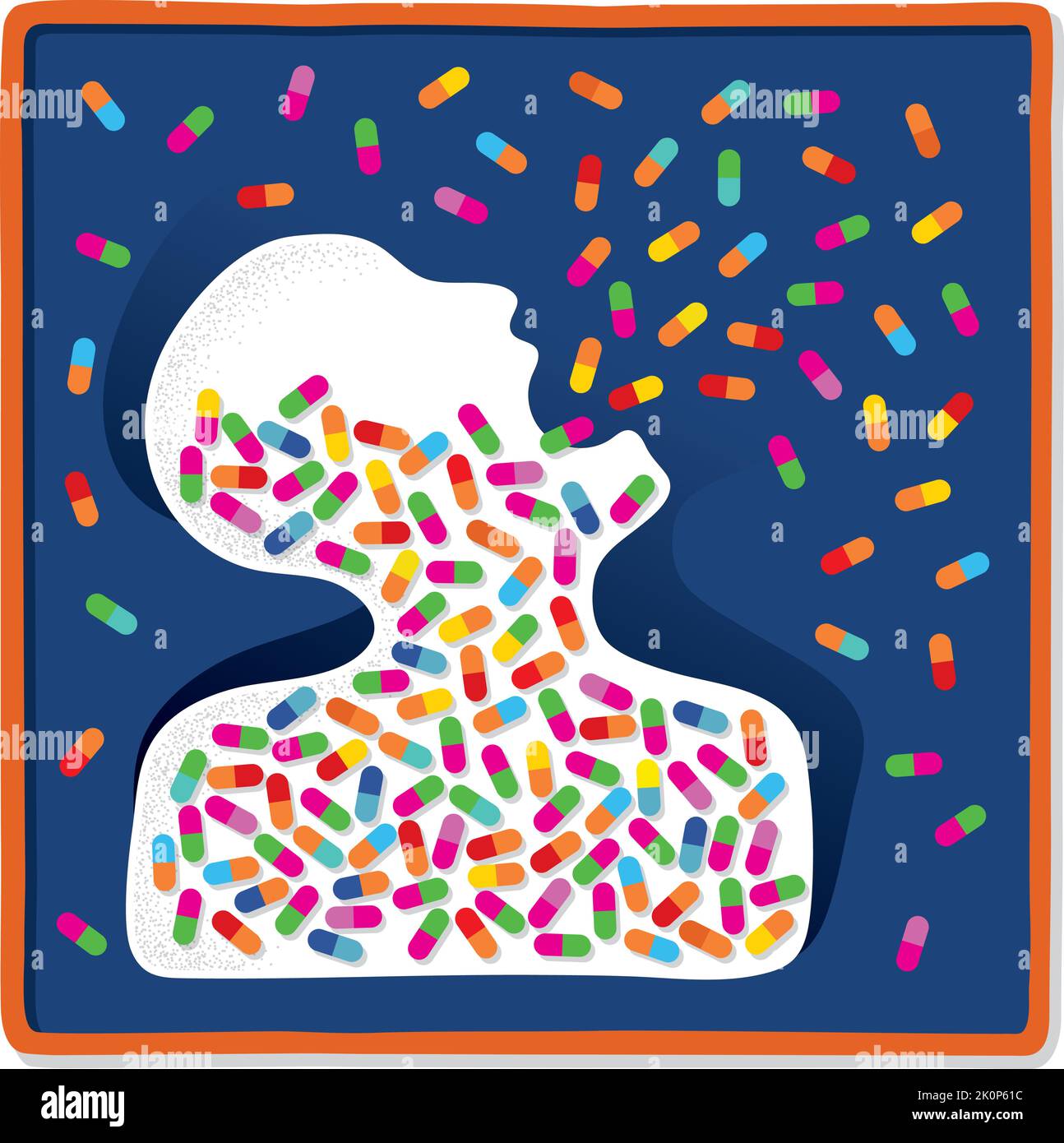 Abusing medicines, schematic illustration of human figure swallowing ...