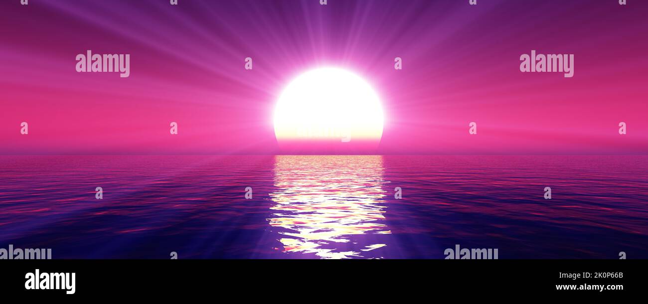 sunset sea sun ray clear sky, 3d rendering illustration Stock Photo - Alamy