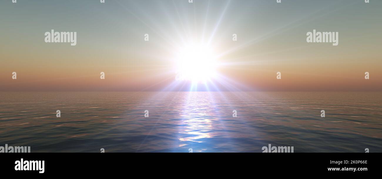 sunset sea sun ray clear sky, 3d rendering illustration Stock Photo - Alamy