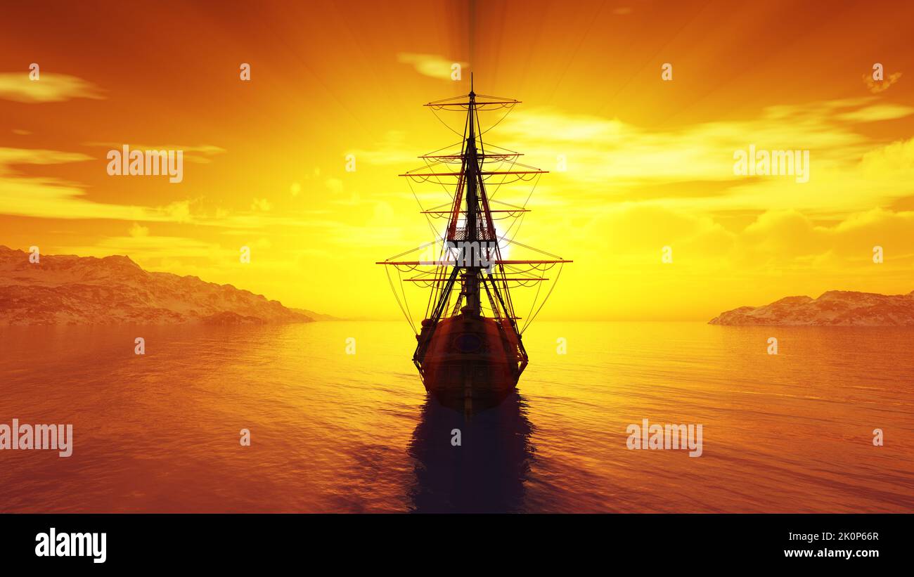 old ship sunset at sea illustration 3d rendering Stock Photo - Alamy