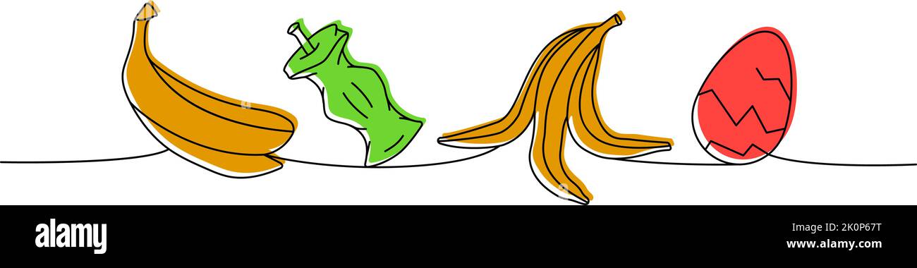 Set of organic trash one line colored continuous drawing. Peel of ...