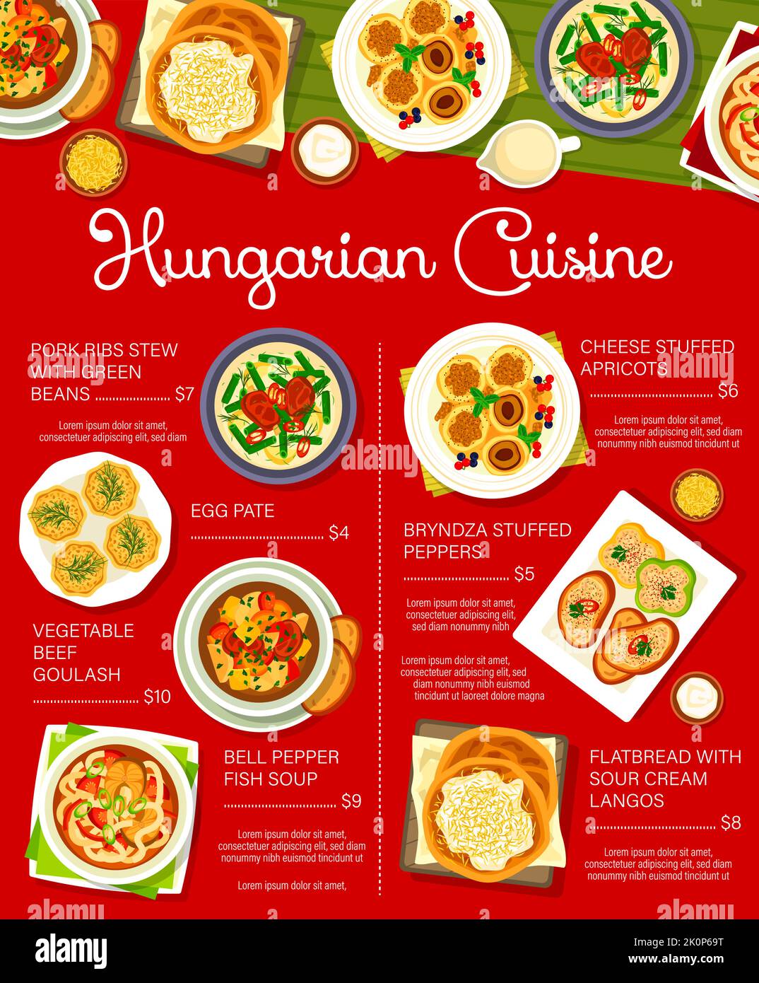 Hungarian cuisine restaurant menu. Egg pate, vegetable beef goulash and ...