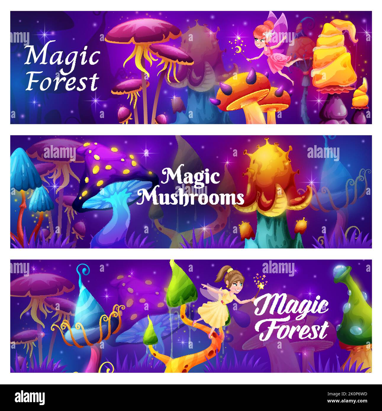 Magic mushrooms in fairytale forest, vector banners. Fantasy glowing ...
