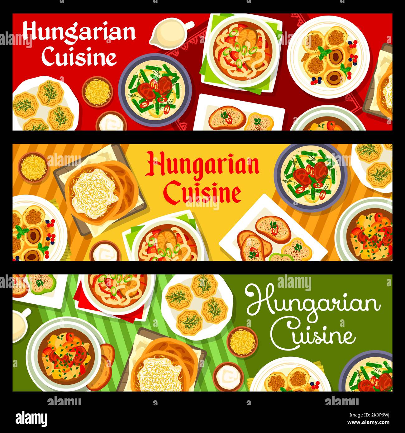 Hungarian cuisine banners. Bell pepper fish soup, pork stew with green ...