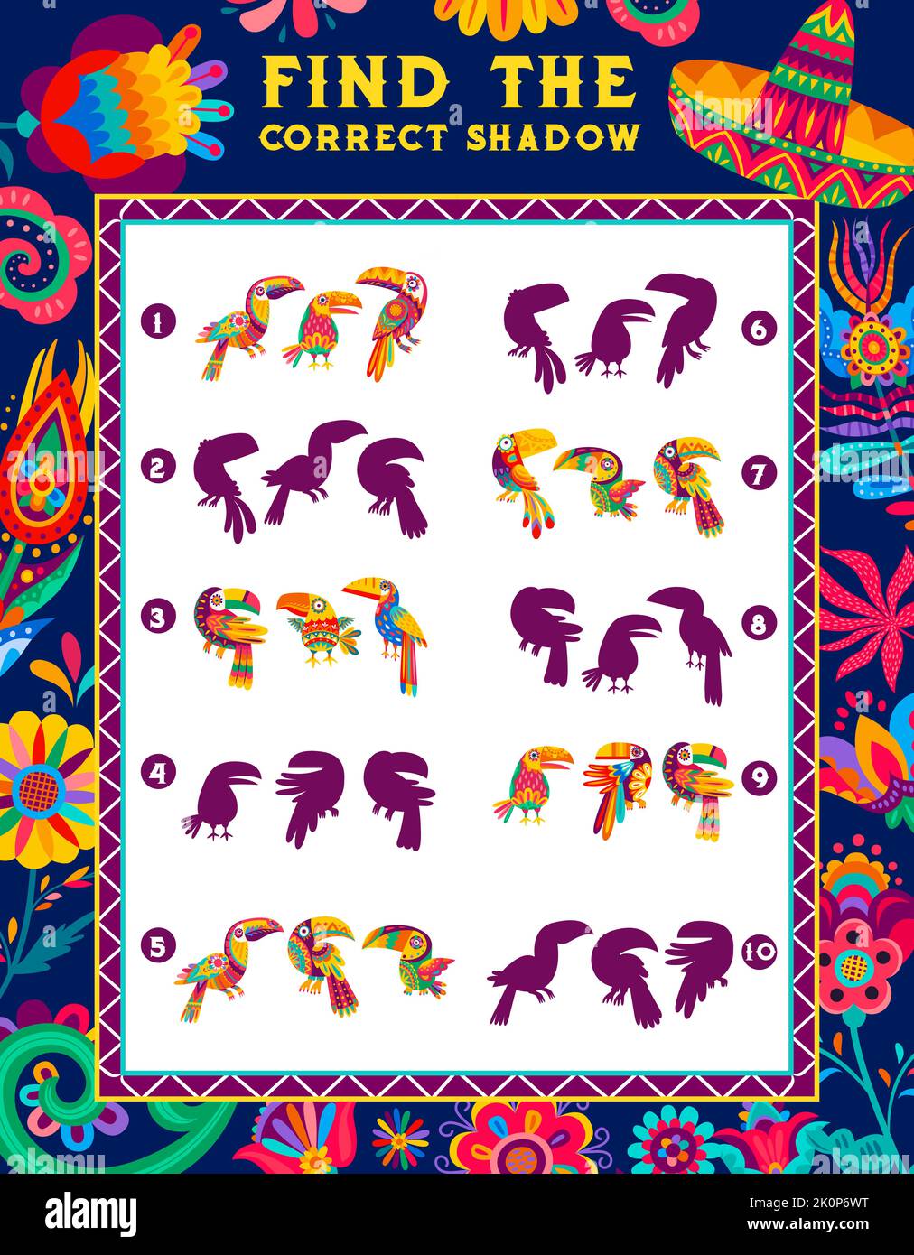 Find the correct shadow of mexican toucan bird kids game worksheet ...