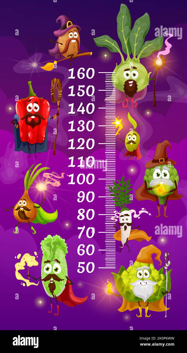 Kids height chart with cartoon vegetable magicians and wizards, vector ...