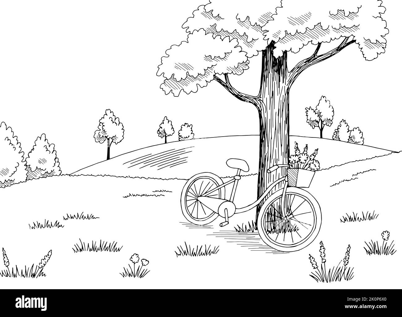 Bicycle in field graphic black white landscape sketch illustration ...