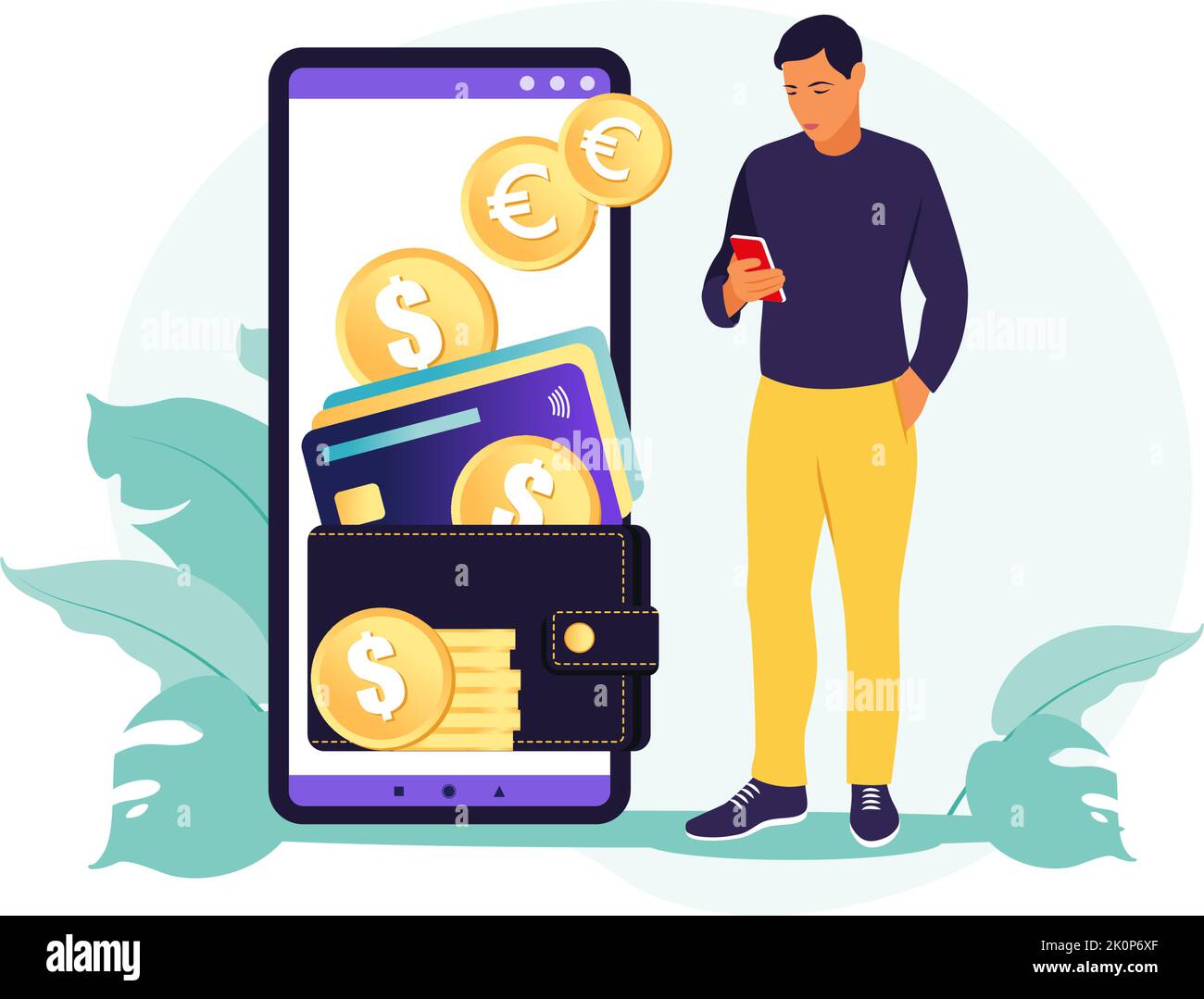Digital wallet concept. Young wealthy man pays card using mobile payment. Vector illustration ...