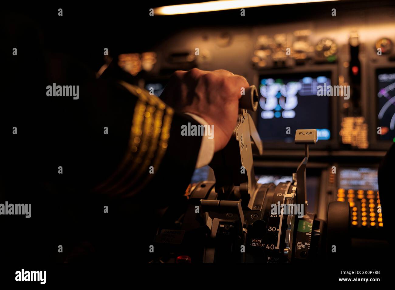 Male pilot throttling engine to takeoff and fly jet in cockpit, flying ...