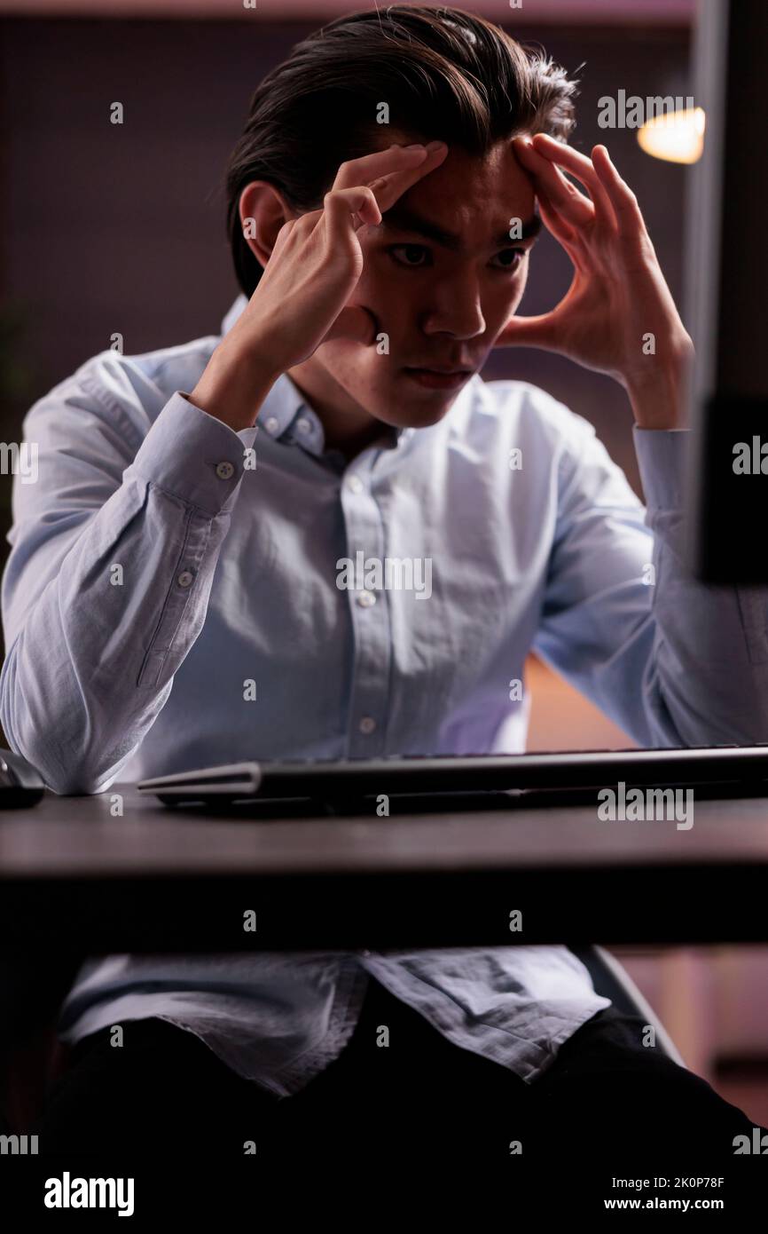 Exhausted overworked person working on computer, doing freelance job at ...