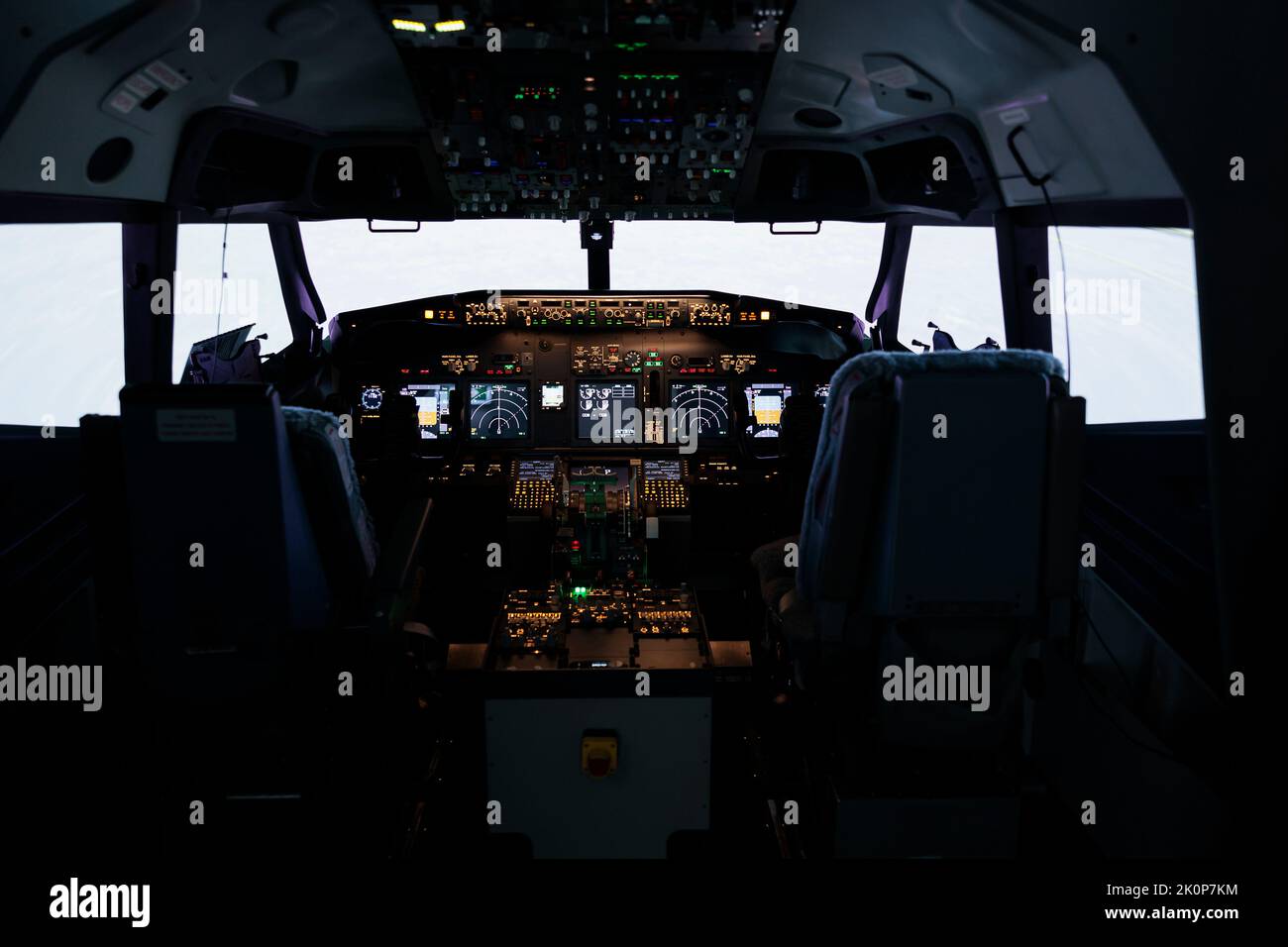 No people in empty captain cabin used to fly airplane with dashboard ...