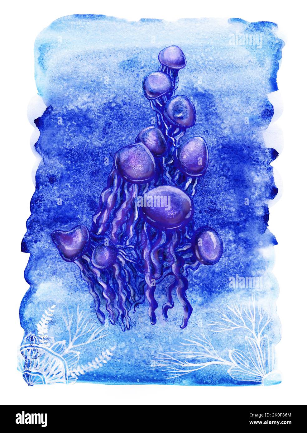 Sea jellyfish watercolor. Marine illustration with splashes, spots and ...