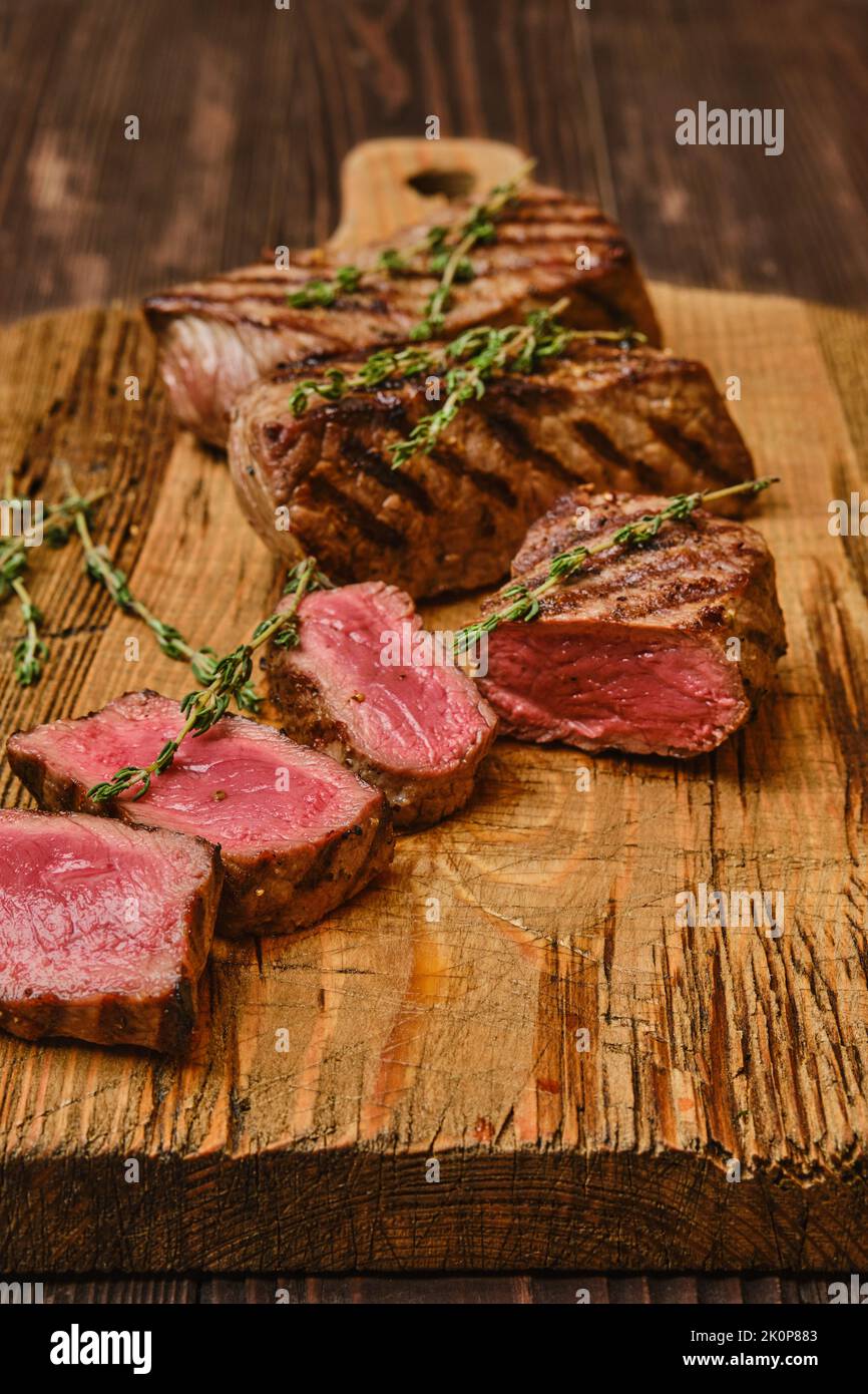 Grilled prime beef steak cut on slices Stock Photo - Alamy