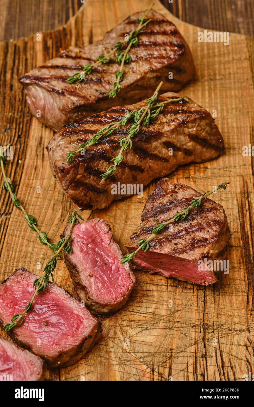 Medium rare roasted beef steak, prime top blade meat Stock Photo - Alamy