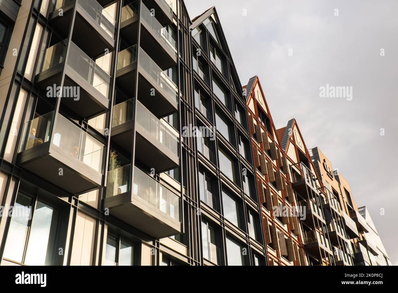 Modern buildings over the Motlawa River in Old Town. Abstract structure ...
