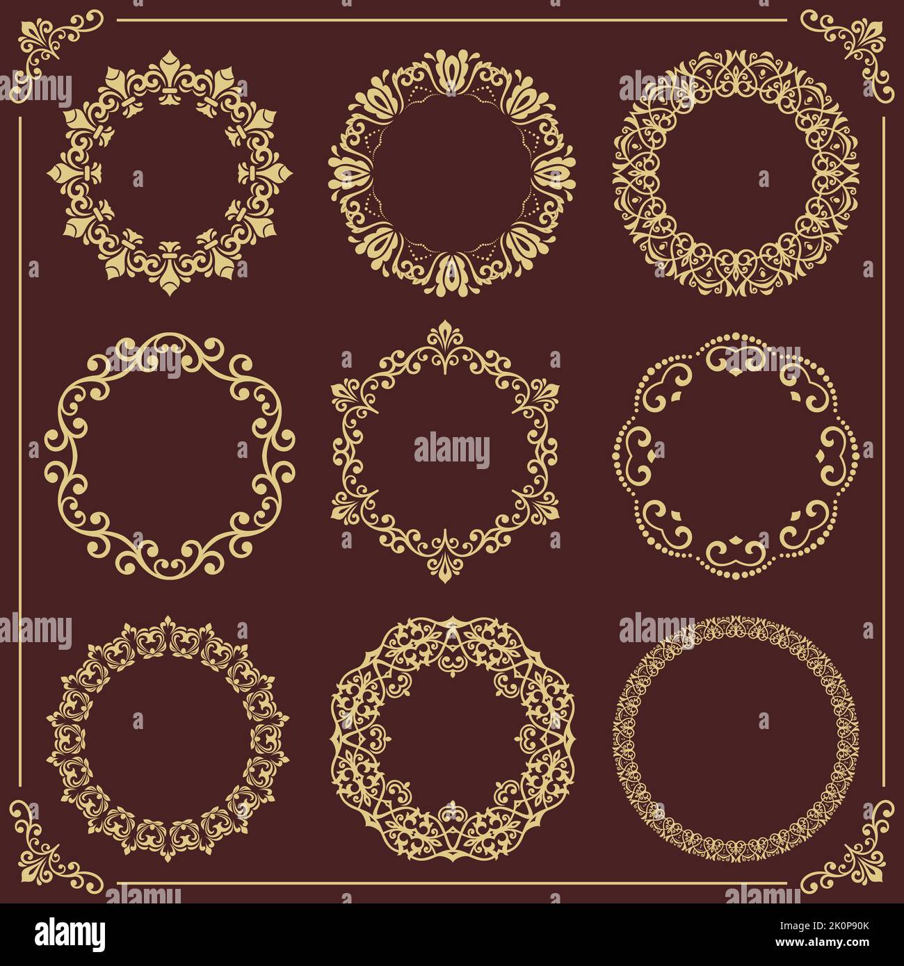 Vintage set of round elements. Golden elements for design frames, cards ...