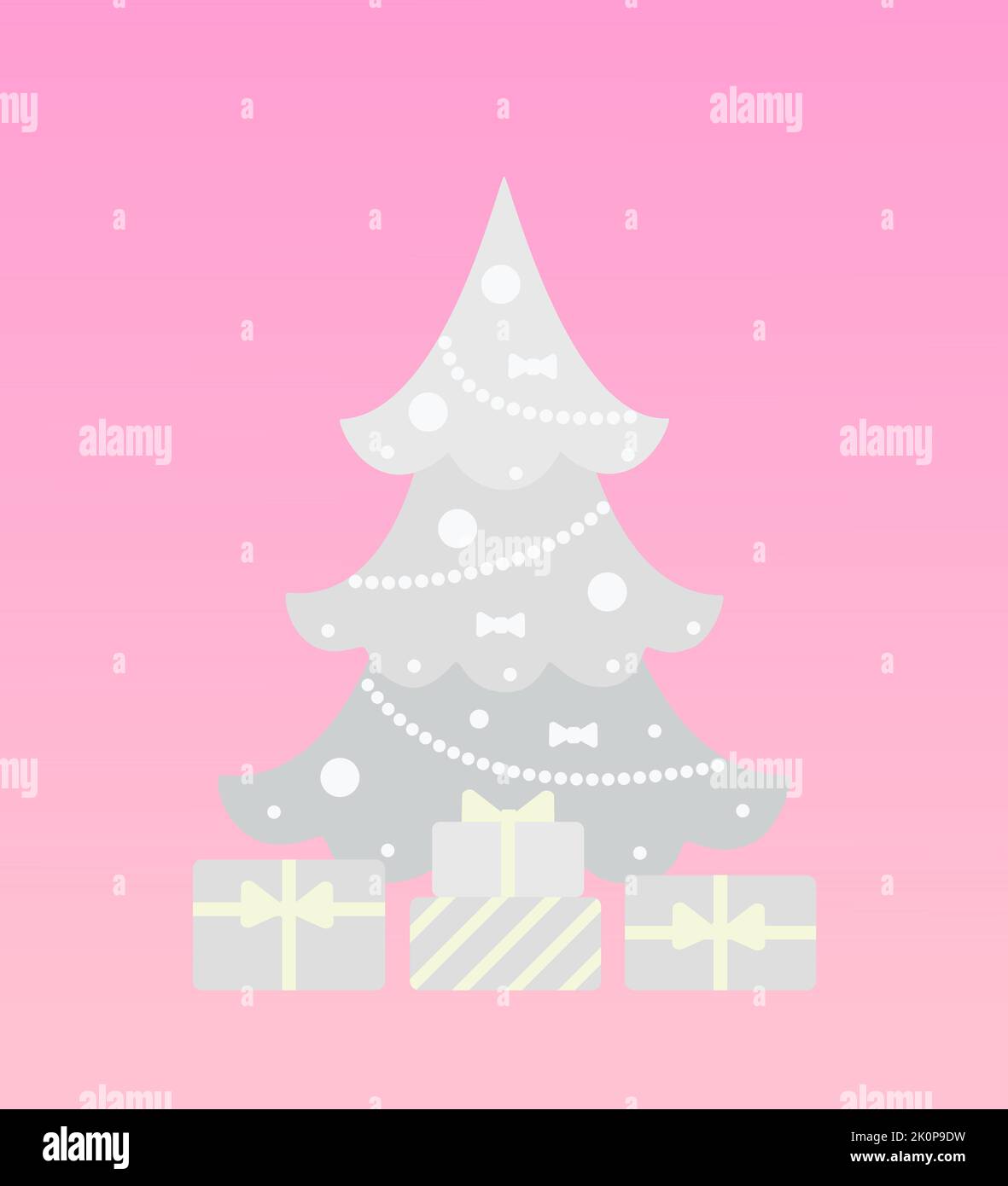 Christmas tree in silver color, decorated with garlands, with gifts ...