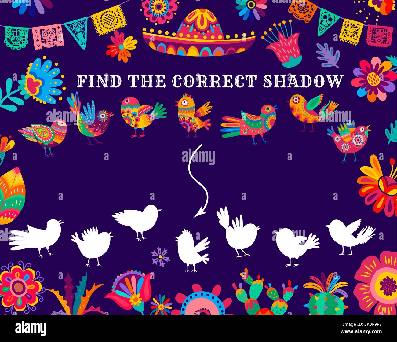 Find the correct shadow of alebrije mexican birds kids game worksheet ...