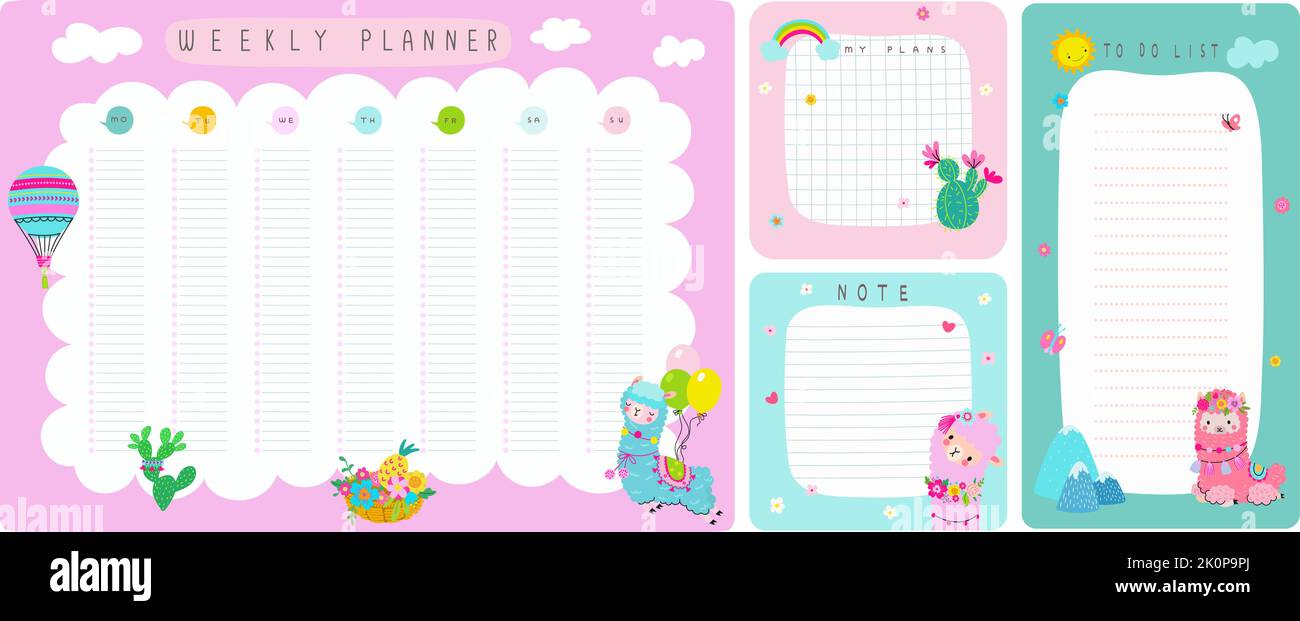 Llama weekly planners, kids daily timetables. Child diary and week ...