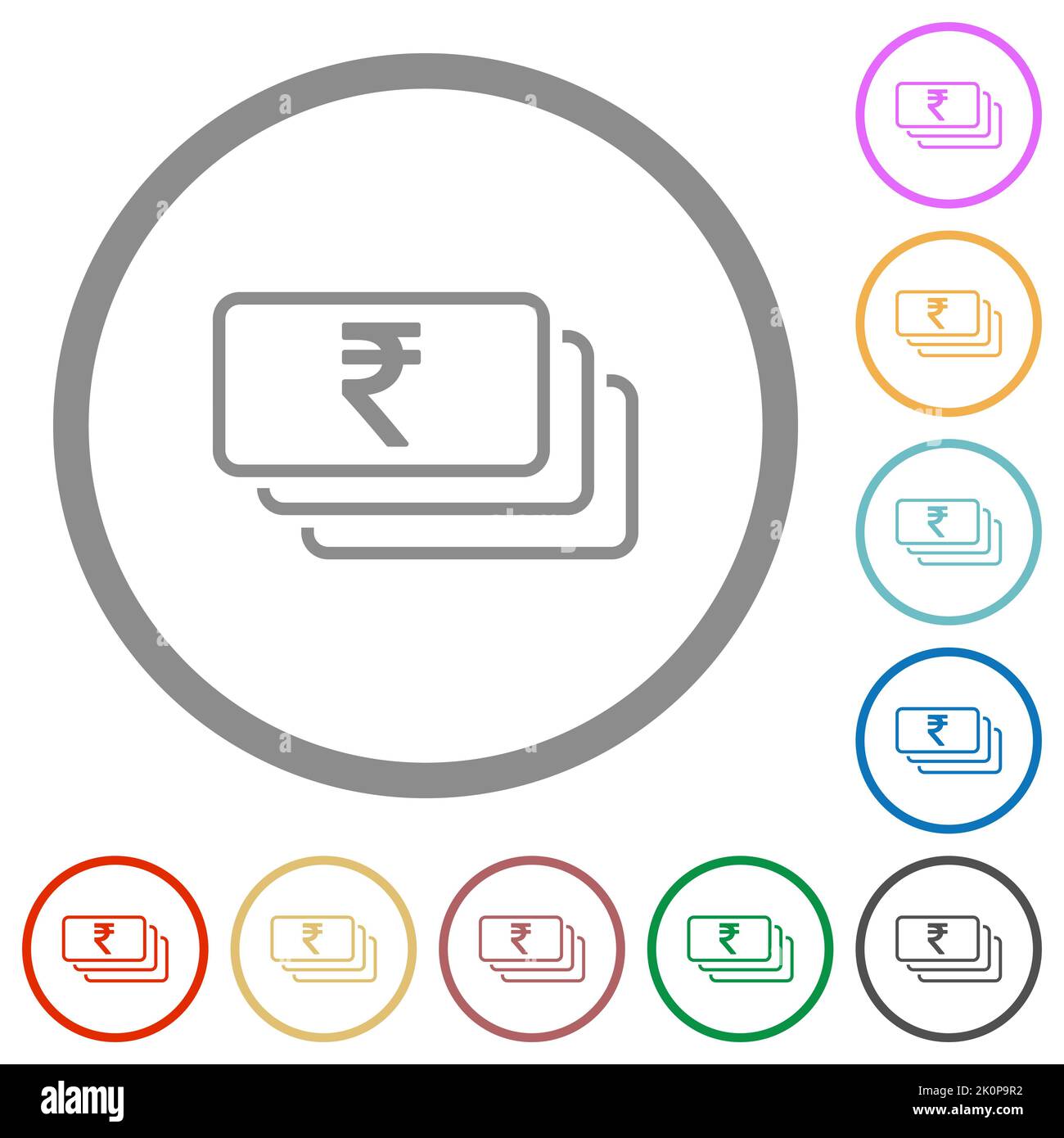 Indian Rupee banknotes outline flat color icons in round outlines on ...