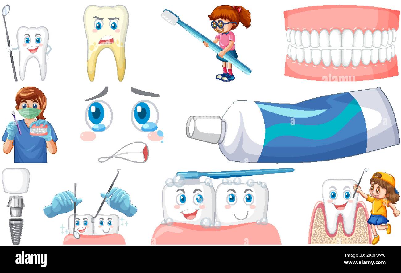 Set of dental equipments and cartoon characters illustration Stock ...