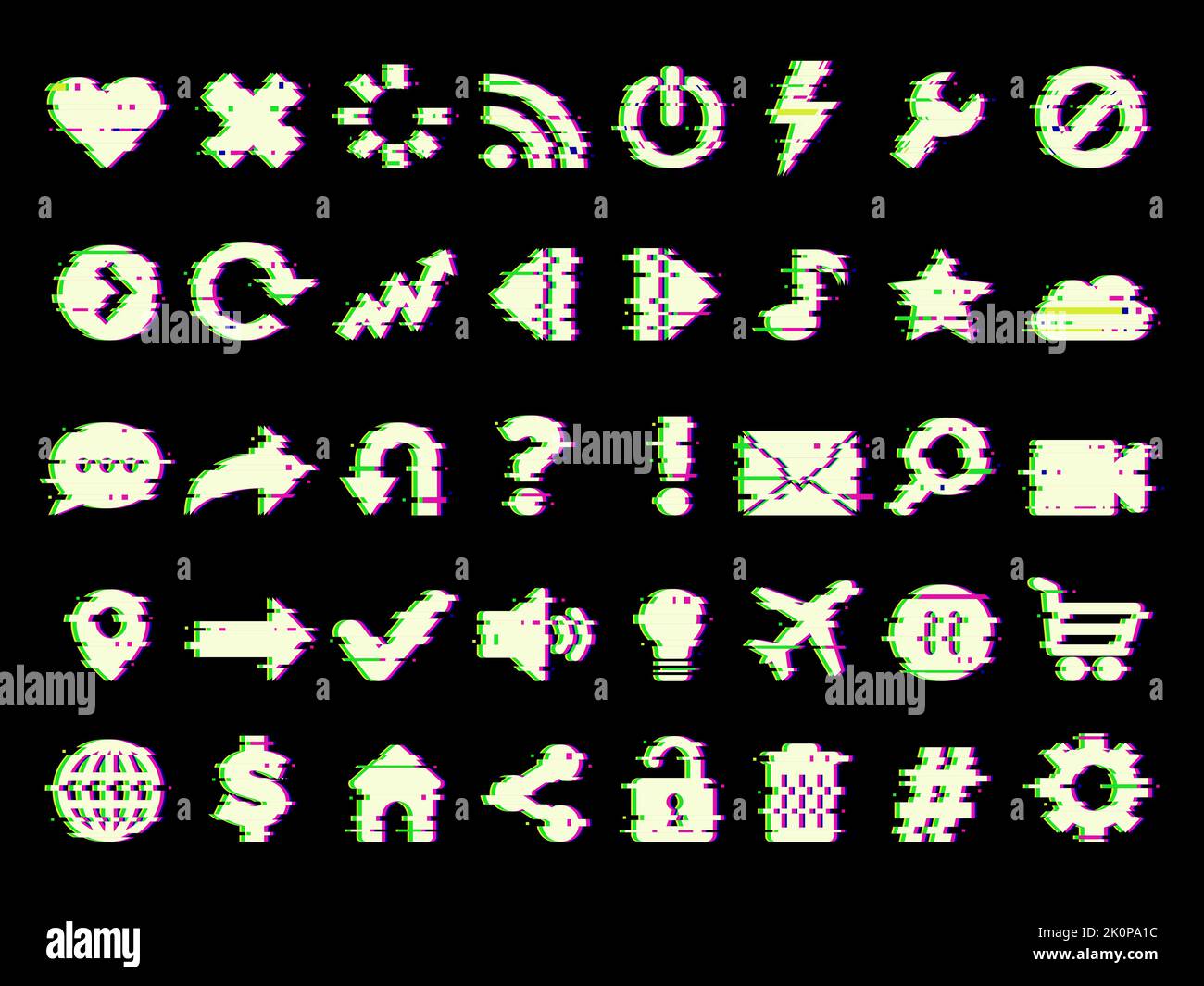 Glitched icons. Web media symbols in grunge style glitched ui pictures ...