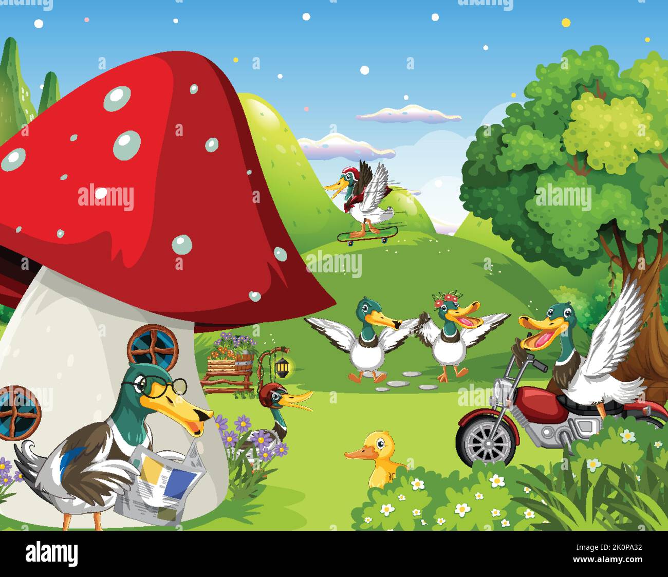 Outdoor scene with cartoon ducks illustration Stock Vector Image & Art ...