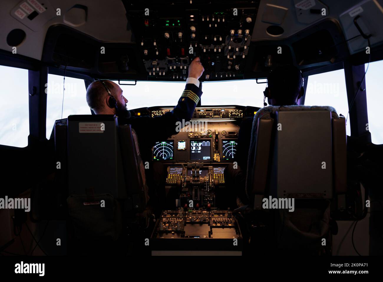 Team of diverse airliners flying airplane with engine lever and power ...