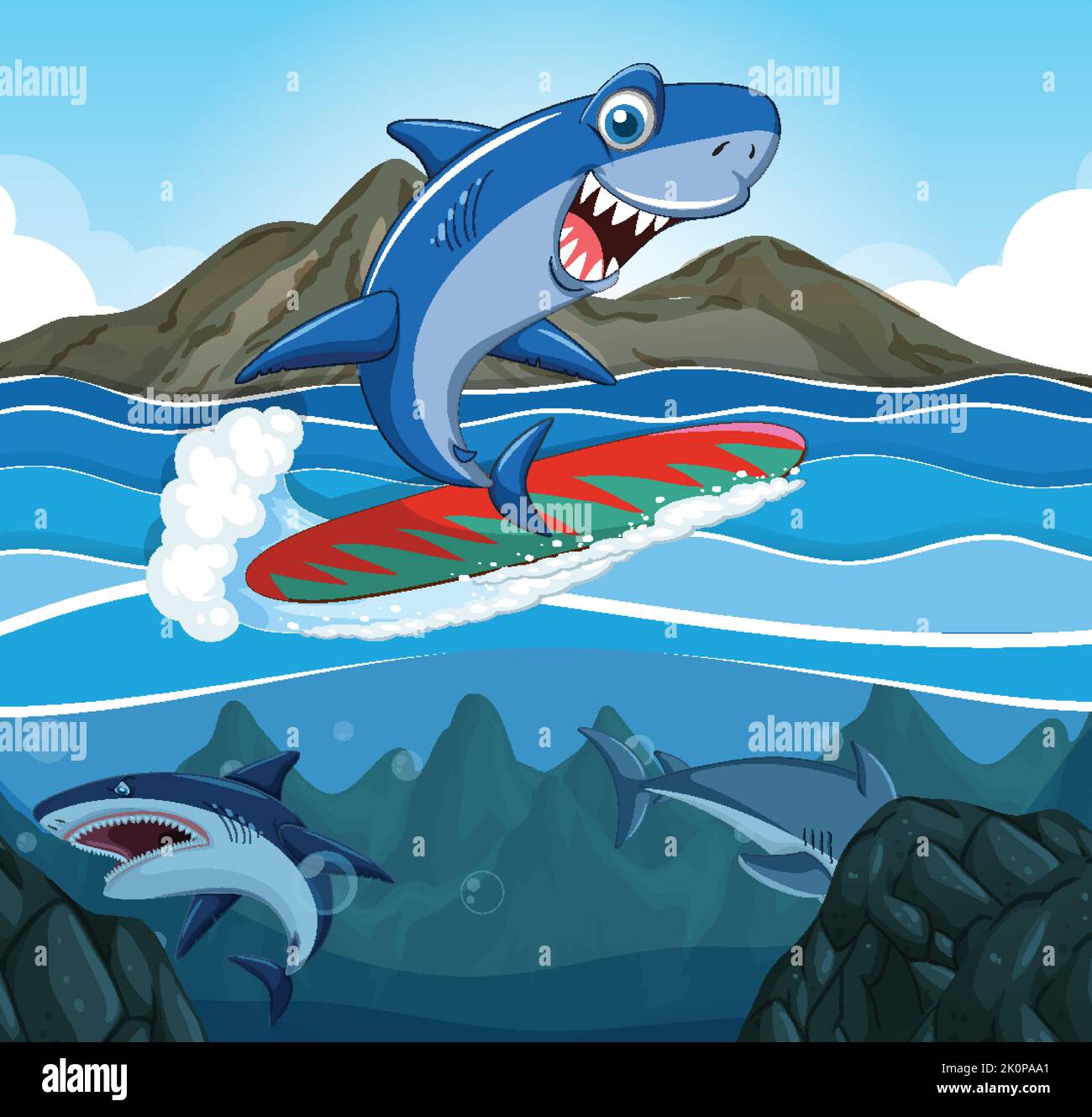 Cute shark surfing cartoon ocean scene illustration Stock Vector Image ...
