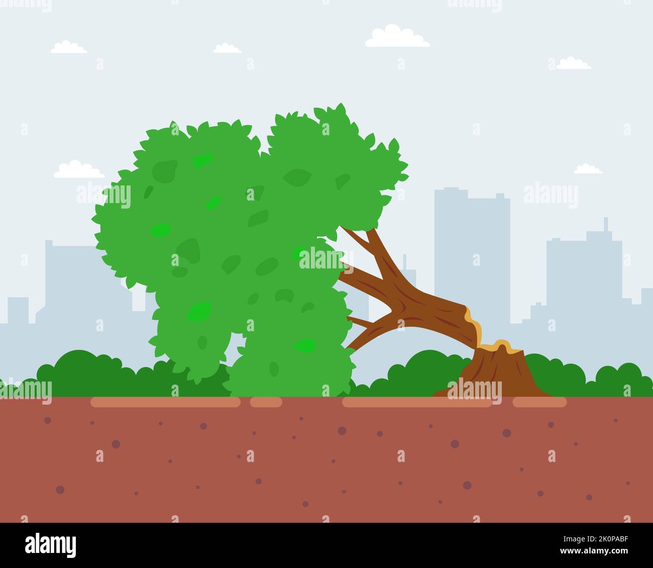 A Tree Felled By A Hurricane Blocks The Road Flat Vector Illustration