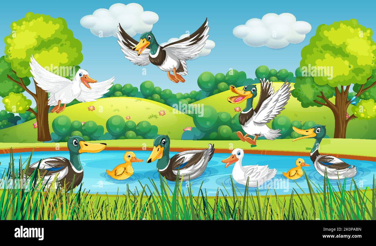 Outdoor scene with cartoon ducks illustration Stock Vector Image & Art ...
