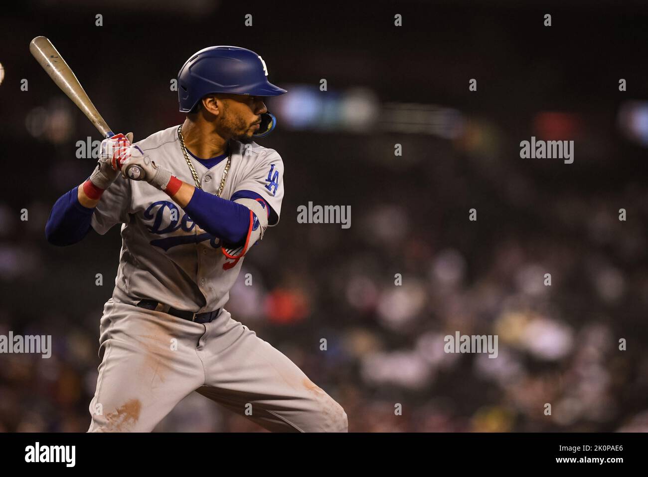 Los Angeles Dodgers second baseman Mookie Betts (50) lines out to ...
