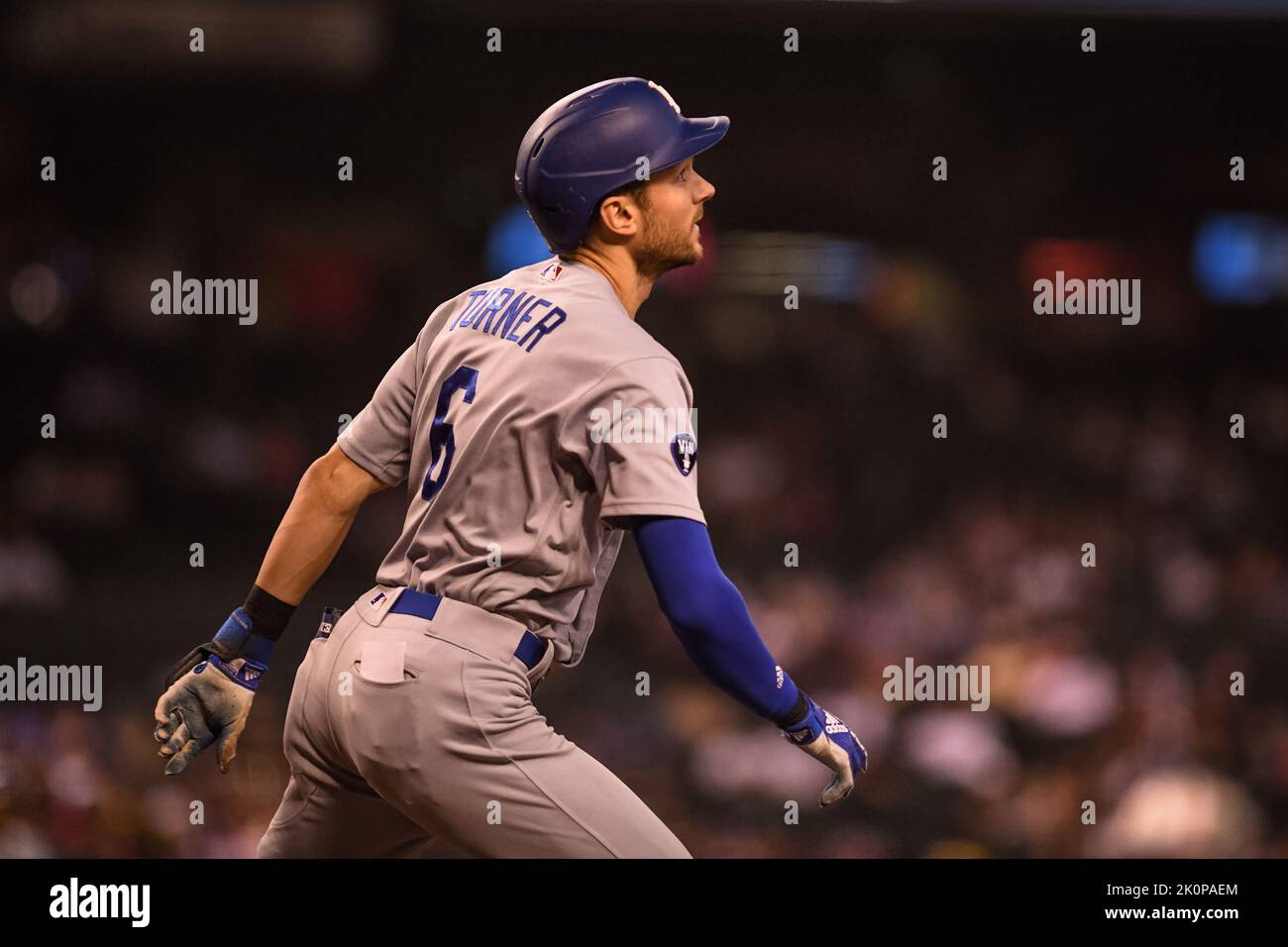 Los Angeles Dodgers shortstop Trea Turner (6) triples on a fly ball to right field in the sixth ...