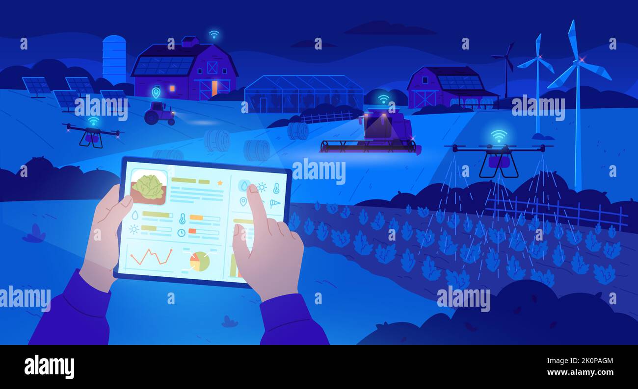 Digital village. Night smart farm management, countryside farming ...