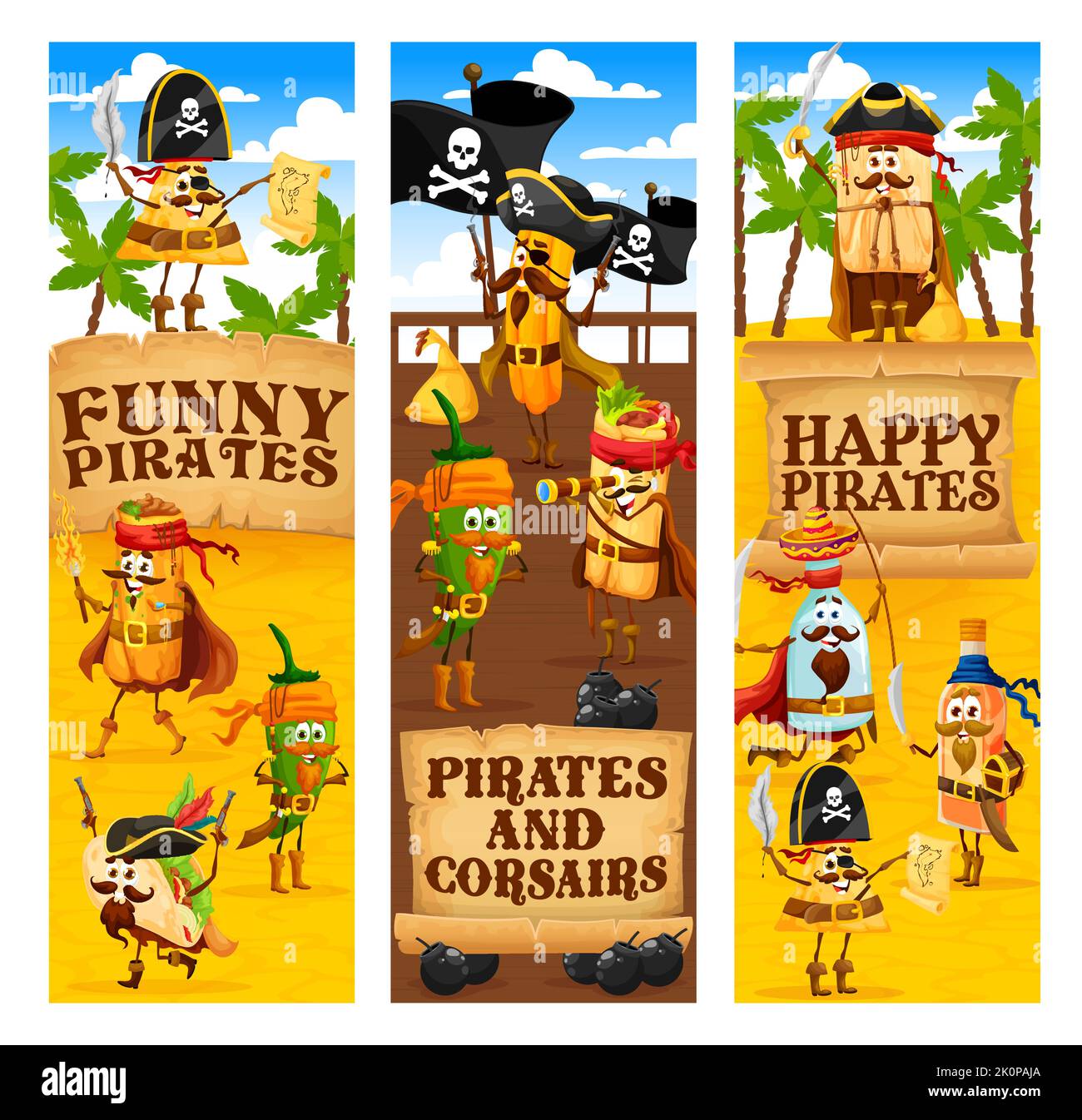 Cartoon mexican food pirate and corsair characters. Tacos, nachos and ...