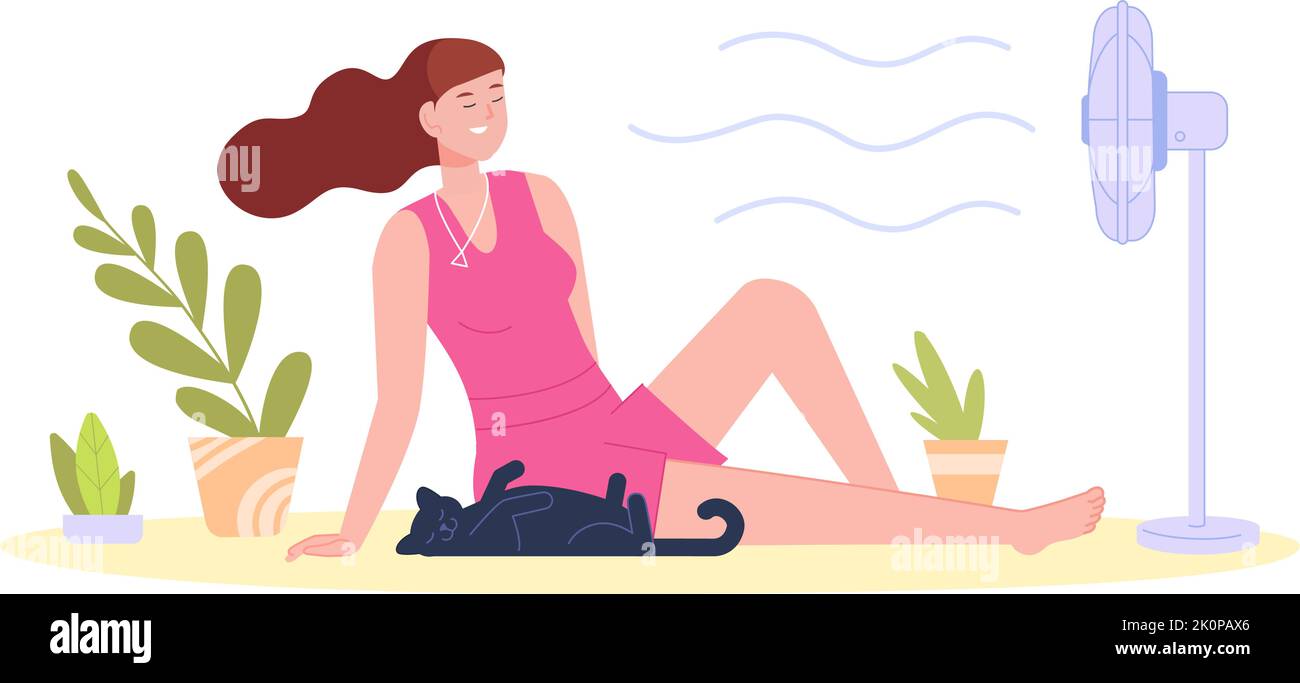 Woman cooling fan. Relaxing girl with pet using electrical fans in heat ...
