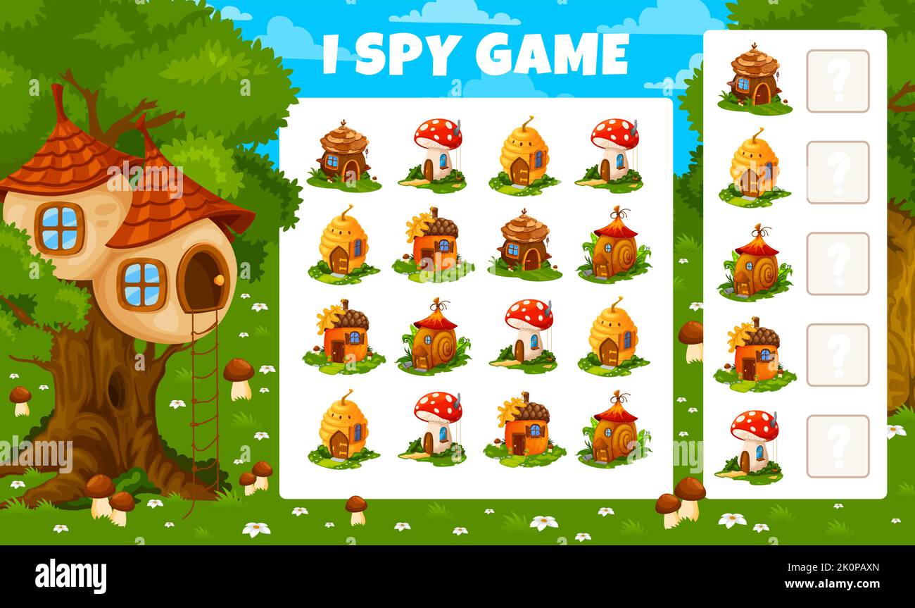 I spy kids game worksheet, cartoon fairy house buildings. Vector ...