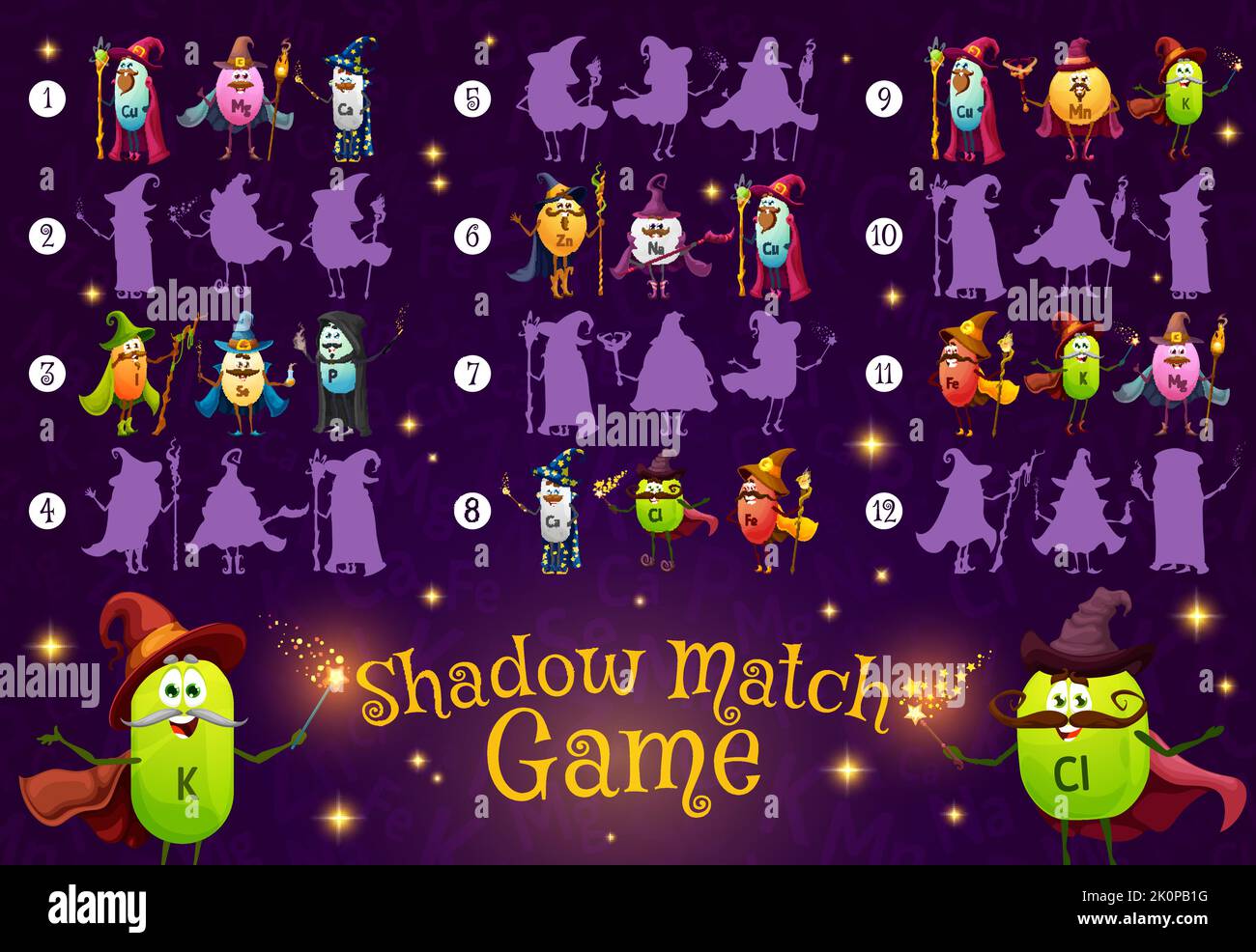 Shadow match game, cartoon micronutrients wizard and mage characters ...