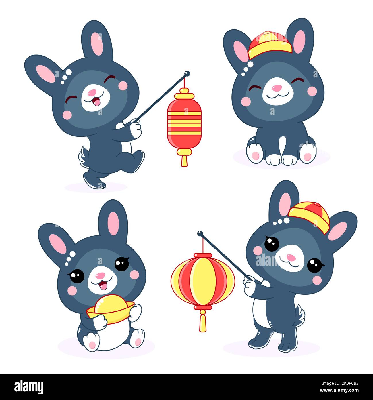 Happy New 2023 Year of the Black Water Rabbit. Set of cute little bunny ...