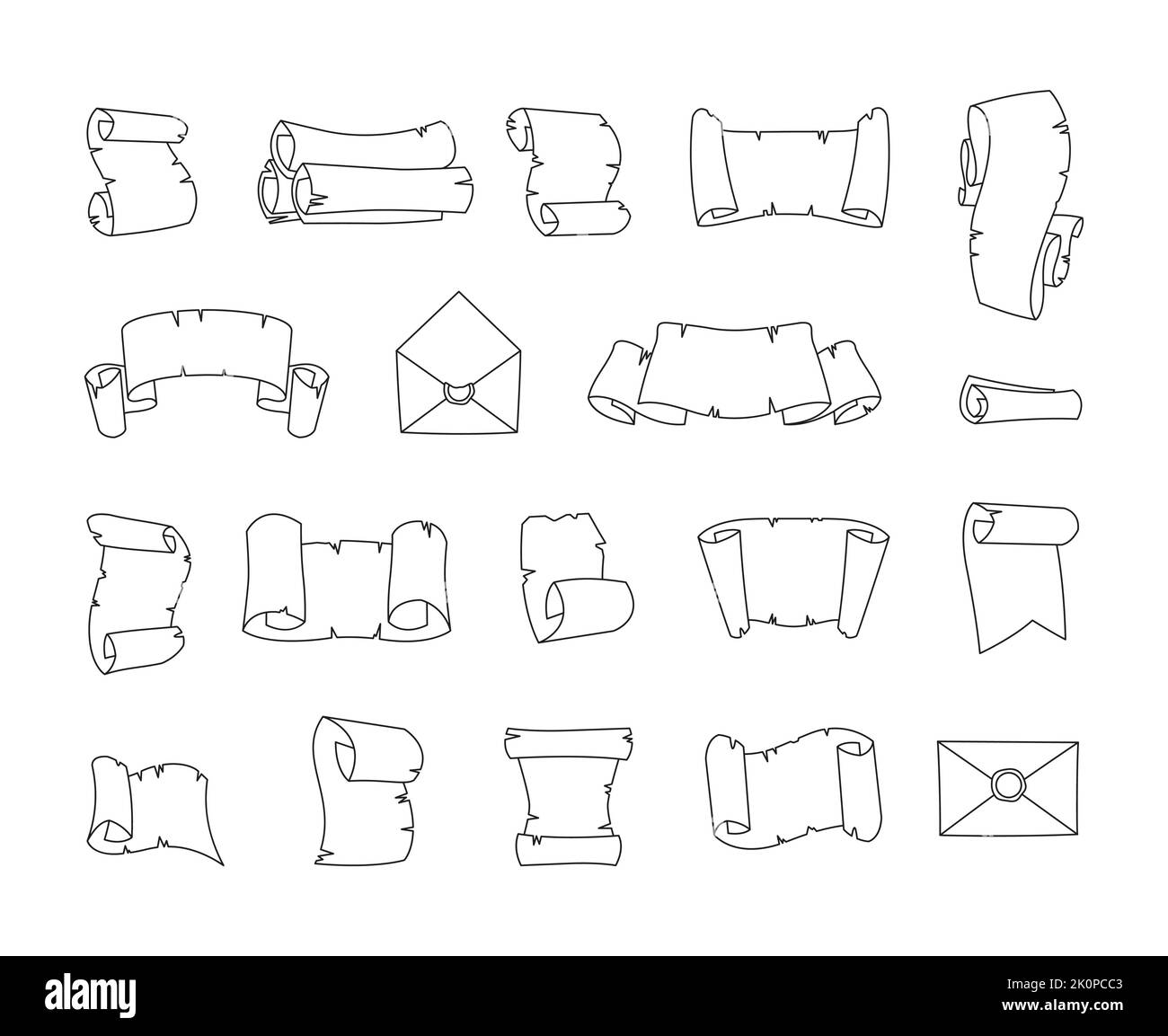 Outline parchment. Ancient papyrus scroll sketch collection, vintage ...