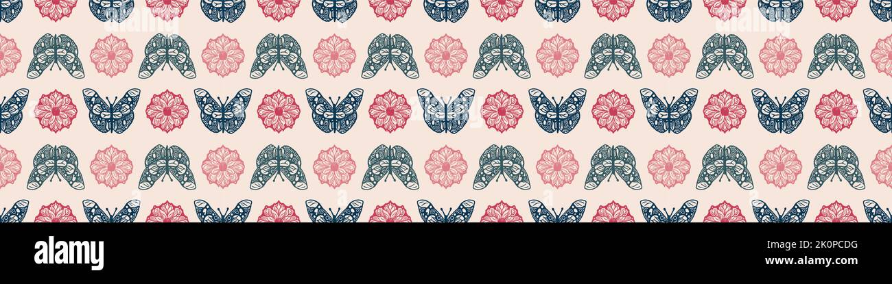 Retro butterfly seamless border. 70s style ecological insect garden ...