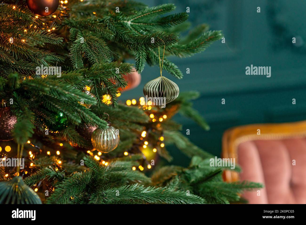 Christmas background, Christmas tree with festive balls and decorations ...