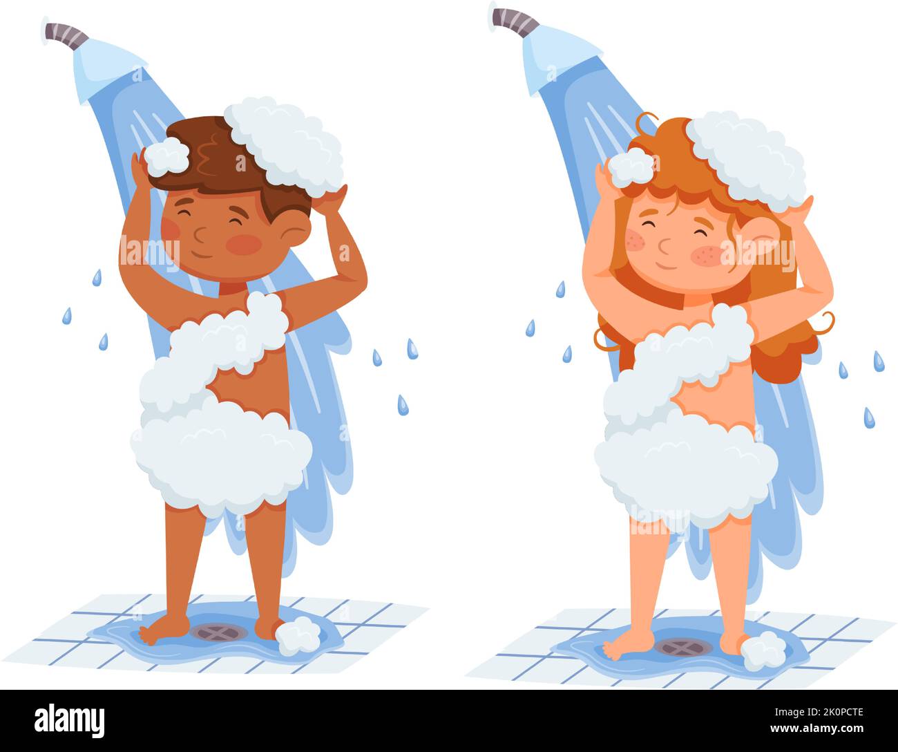 Kids having shower. Girl and boy washing hair and body standing under ...